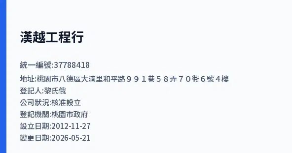 漢越工程行的照片-統編 37788418(桃園市) 公司登記資料與營業項目詳細圖表