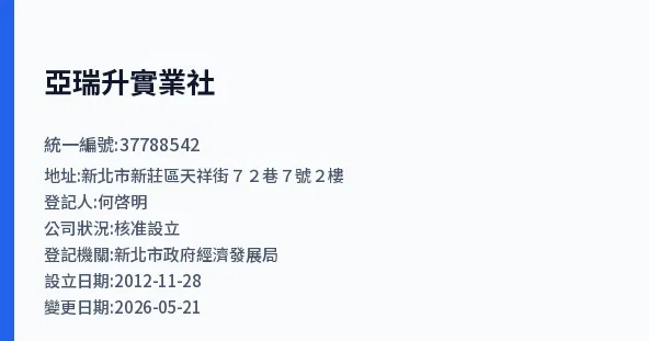 亞瑞升實業社的照片-統編 37788542(新北市) 公司登記資料與營業項目詳細圖表