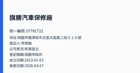 旗勝汽車保修廠的照片-統編 37791722(桃園市) 公司登記資料與營業項目詳細圖表