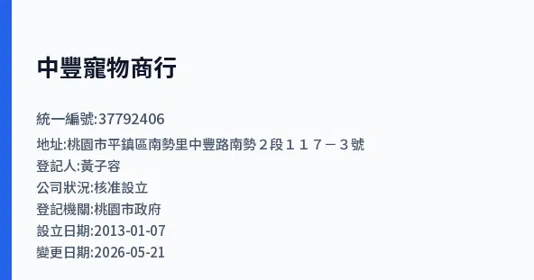 中豐寵物商行的照片-統編 37792406(桃園市) 公司登記資料與營業項目詳細圖表