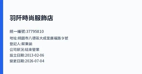 羽阡時尚服飾店的照片-統編 37795810(桃園市) 公司登記資料與營業項目詳細圖表
