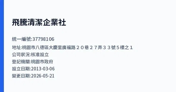 飛騰清潔企業社的照片-統編 37798106(桃園市) 公司登記資料與營業項目詳細圖表