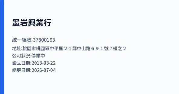 墨岩興業行的照片-統編 37800193(桃園市) 公司登記資料與營業項目詳細圖表