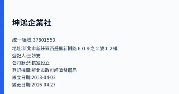 坤鴻企業社的照片-統編 37801550(新北市) 公司登記資料與營業項目詳細圖表