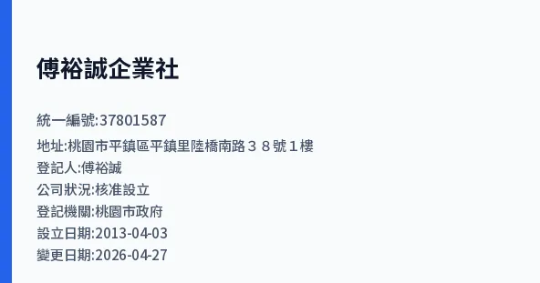 傅裕誠企業社的照片-統編 37801587(桃園市) 公司登記資料與營業項目詳細圖表