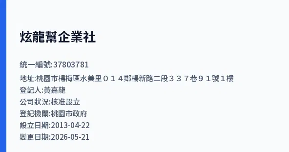 炫龍幫企業社的照片-統編 37803781(桃園市) 公司登記資料與營業項目詳細圖表