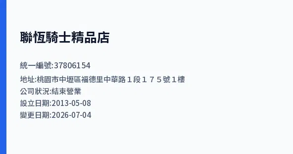 聯恆騎士精品店的照片-統編 37806154(桃園市) 公司登記資料與營業項目詳細圖表