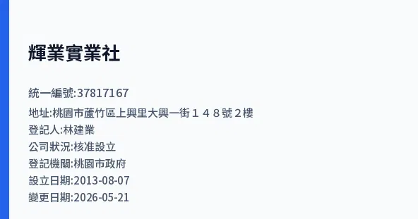 輝業實業社的照片-統編 37817167(桃園市) 公司登記資料與營業項目詳細圖表