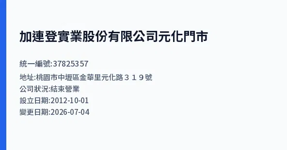 加連登實業股份有限公司元化門市的照片-統編 37825357(桃園市) 公司登記資料與營業項目詳細圖表