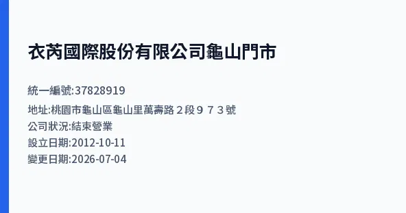 衣芮國際股份有限公司龜山門市的照片-統編 37828919(桃園市) 公司登記資料與營業項目詳細圖表