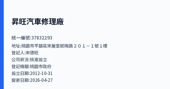 昇旺汽車修理廠的照片-統編 37832293(桃園市) 公司登記資料與營業項目詳細圖表