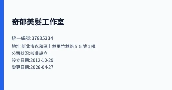 奇郁美髮工作室的照片-統編 37835334(新北市) 公司登記資料與營業項目詳細圖表