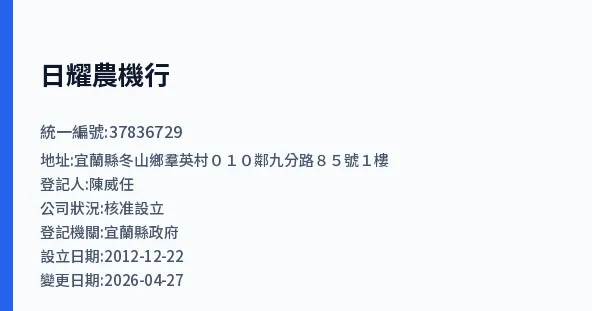 日耀農機行的照片-統編 37836729(宜蘭縣) 公司登記資料與營業項目詳細圖表