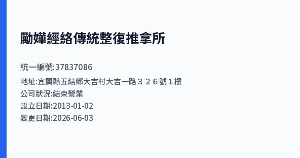 勵嬅經絡傳統整復推拿所的照片-統編 37837086(宜蘭縣) 公司登記資料與營業項目詳細圖表