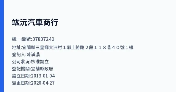 竑沅汽車商行的照片-統編 37837240(宜蘭縣) 公司登記資料與營業項目詳細圖表