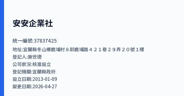安安企業社的照片-統編 37837425(宜蘭縣) 公司登記資料與營業項目詳細圖表