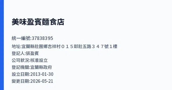美味盈賓麵食店的照片-統編 37838395(宜蘭縣) 公司登記資料與營業項目詳細圖表
