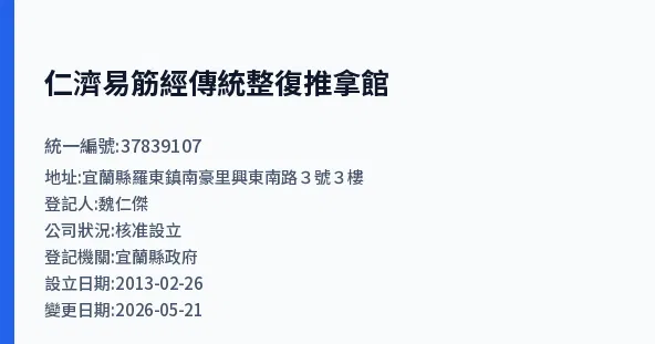 仁濟易筋經傳統整復推拿館的照片-統編 37839107(宜蘭縣) 公司登記資料與營業項目詳細圖表
