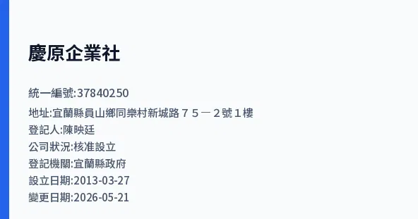 慶原企業社的照片-統編 37840250(宜蘭縣) 公司登記資料與營業項目詳細圖表
