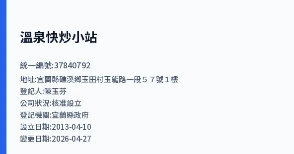 溫泉快炒小站的照片-統編 37840792(宜蘭縣) 公司登記資料與營業項目詳細圖表