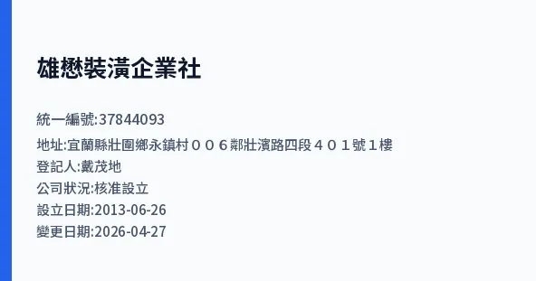 雄懋裝潢企業社的照片-統編 37844093(宜蘭縣) 公司登記資料與營業項目詳細圖表