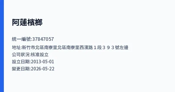 阿蓮檳榔的照片-統編 37847057(新竹市) 公司登記資料與營業項目詳細圖表
