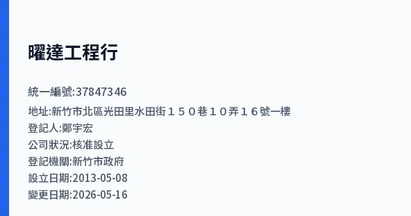 曜達工程行的照片-統編 37847346(新竹市) 公司登記資料與營業項目詳細圖表
