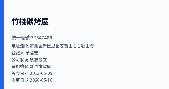 竹棧碳烤屋的照片-統編 37847486(新竹市) 公司登記資料與營業項目詳細圖表