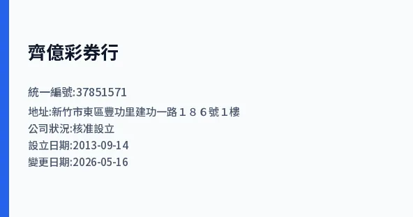齊億彩券行的照片-統編 37851571(新竹市) 公司登記資料與營業項目詳細圖表