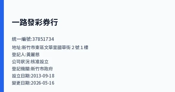 一路發彩券行的照片-統編 37851734(新竹市) 公司登記資料與營業項目詳細圖表