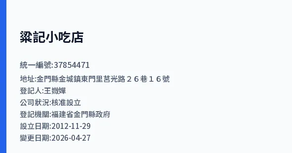 粱記小吃店的照片-統編 37854471(金門縣) 公司登記資料與營業項目詳細圖表