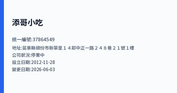 添哥小吃的照片-統編 37864549(苗栗縣) 公司登記資料與營業項目詳細圖表