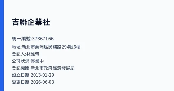 吉聯企業社的照片-統編 37867166(新北市) 公司登記資料與營業項目詳細圖表