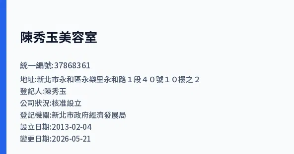 陳秀玉美容室的照片-統編 37868361(新北市) 公司登記資料與營業項目詳細圖表