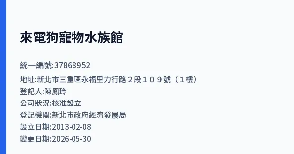 來電狗寵物水族館的照片-統編 37868952(新北市) 公司登記資料與營業項目詳細圖表