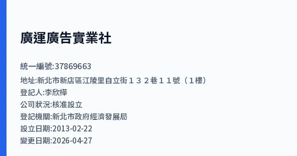 廣運廣告實業社的照片-統編 37869663(新北市) 公司登記資料與營業項目詳細圖表