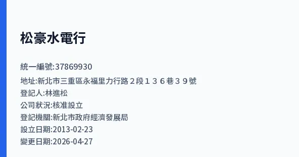 松豪水電行的照片-統編 37869930(新北市) 公司登記資料與營業項目詳細圖表