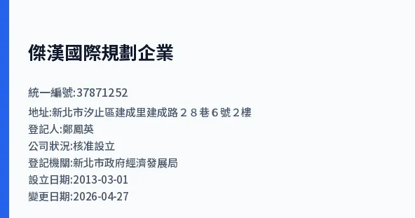傑漢國際規劃企業的照片-統編 37871252(新北市) 公司登記資料與營業項目詳細圖表