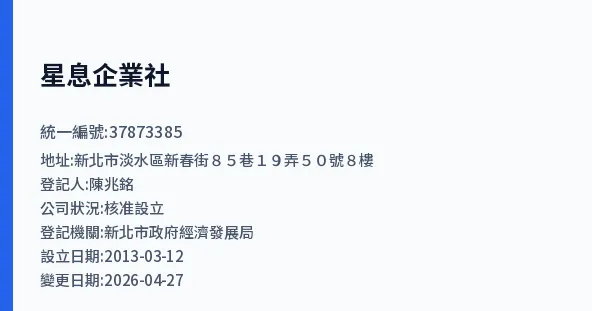 星息企業社的照片-統編 37873385(新北市) 公司登記資料與營業項目詳細圖表