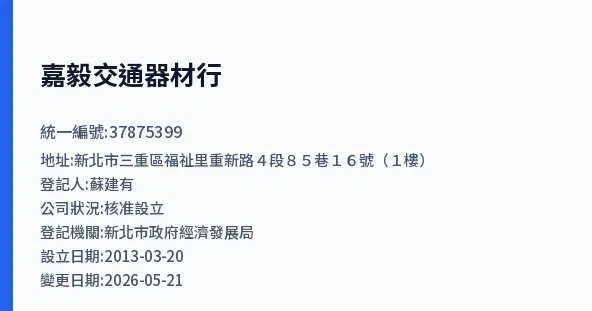 嘉毅交通器材行的照片-統編 37875399(新北市) 公司登記資料與營業項目詳細圖表