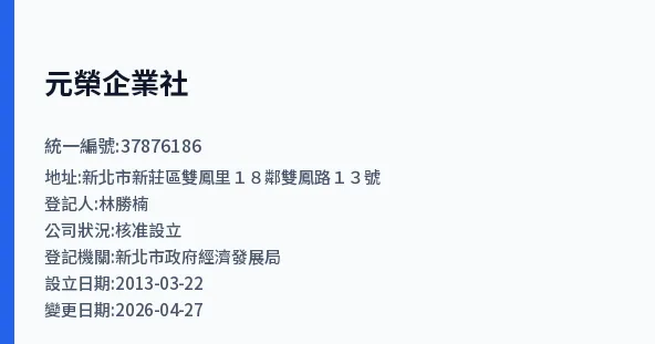 元榮企業社的照片-統編 37876186(新北市) 公司登記資料與營業項目詳細圖表