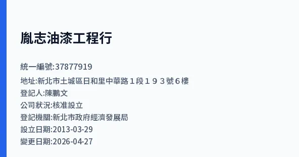 胤志油漆工程行的照片-統編 37877919(新北市) 公司登記資料與營業項目詳細圖表