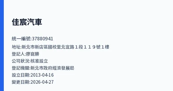 佳宸汽車的照片-統編 37880941(新北市) 公司登記資料與營業項目詳細圖表