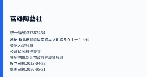 富雄陶藝社的照片-統編 37882434(新北市) 公司登記資料與營業項目詳細圖表