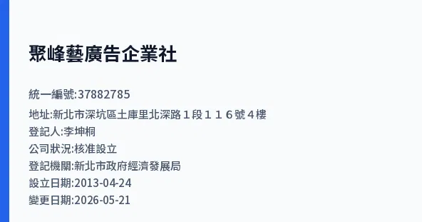 聚峰藝廣告企業社的照片-統編 37882785(新北市) 公司登記資料與營業項目詳細圖表
