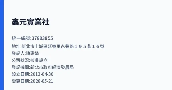 鑫元實業社的照片-統編 37883855(新北市) 公司登記資料與營業項目詳細圖表