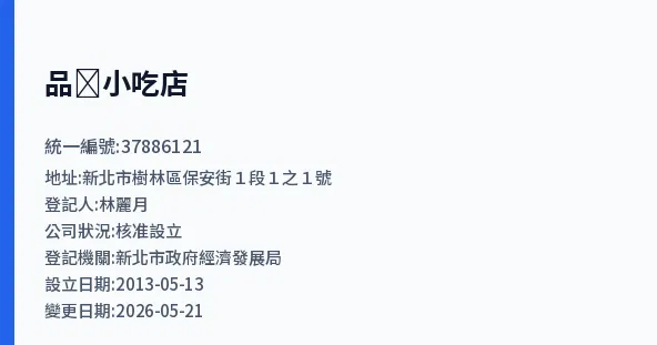 品鑚小吃店的照片-統編 37886121(新北市) 公司登記資料與營業項目詳細圖表