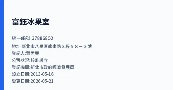 富鈺冰果室的照片-統編 37886852(新北市) 公司登記資料與營業項目詳細圖表