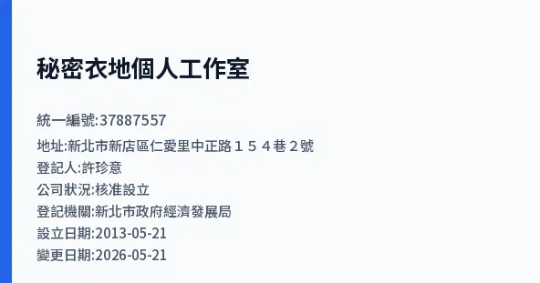 秘密衣地個人工作室的照片-統編 37887557(新北市) 公司登記資料與營業項目詳細圖表