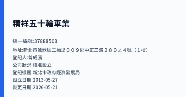 精祥五十輪車業的照片-統編 37888508(新北市) 公司登記資料與營業項目詳細圖表